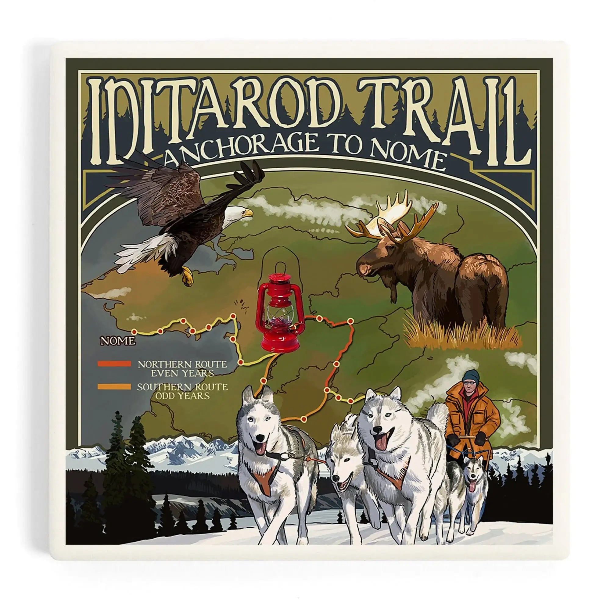 Alaska, Iditarod Trail Topographic Map ceramic coaster set – Lantern Press