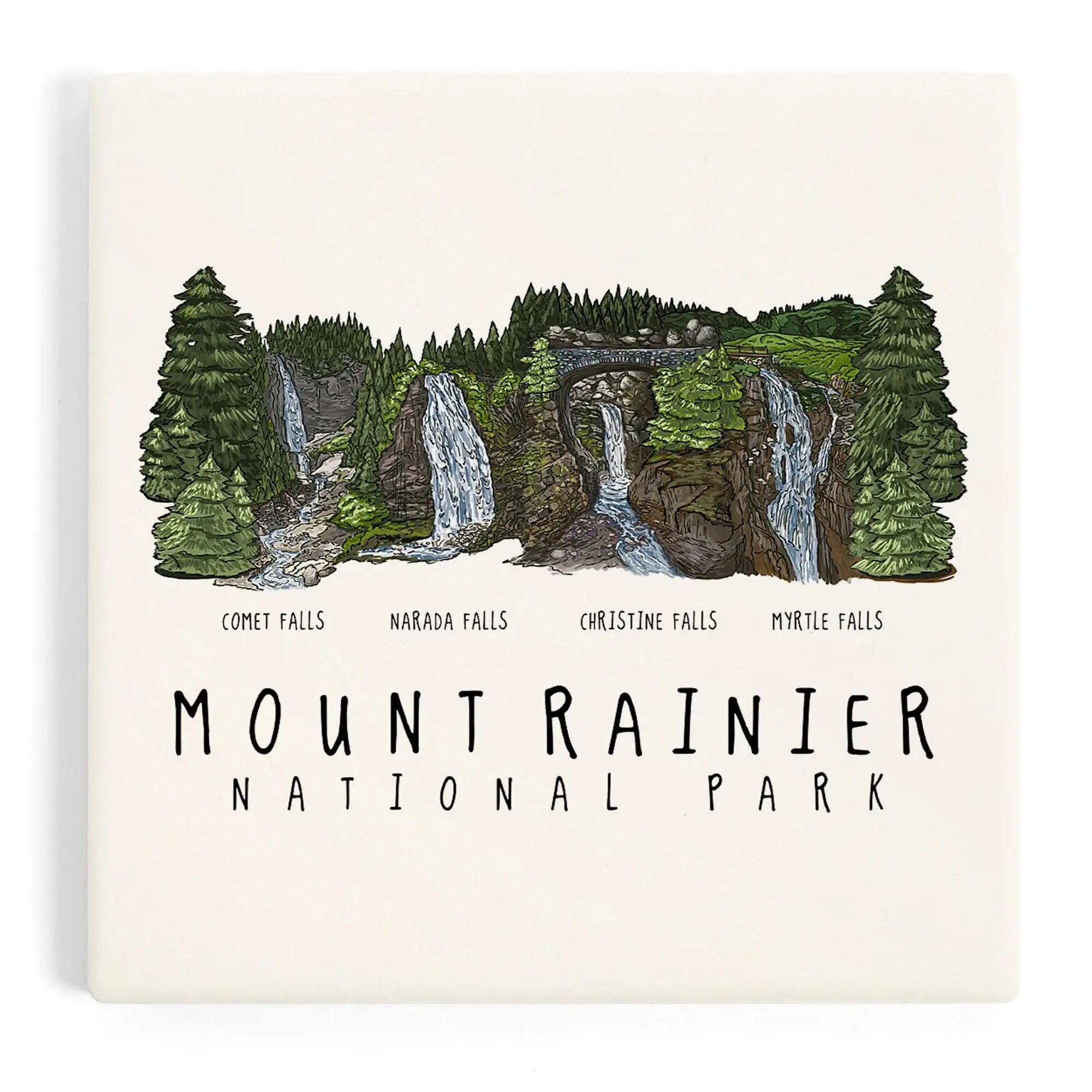 Mount Rainier National Park, Waterfall Montage ceramic coaster set ...