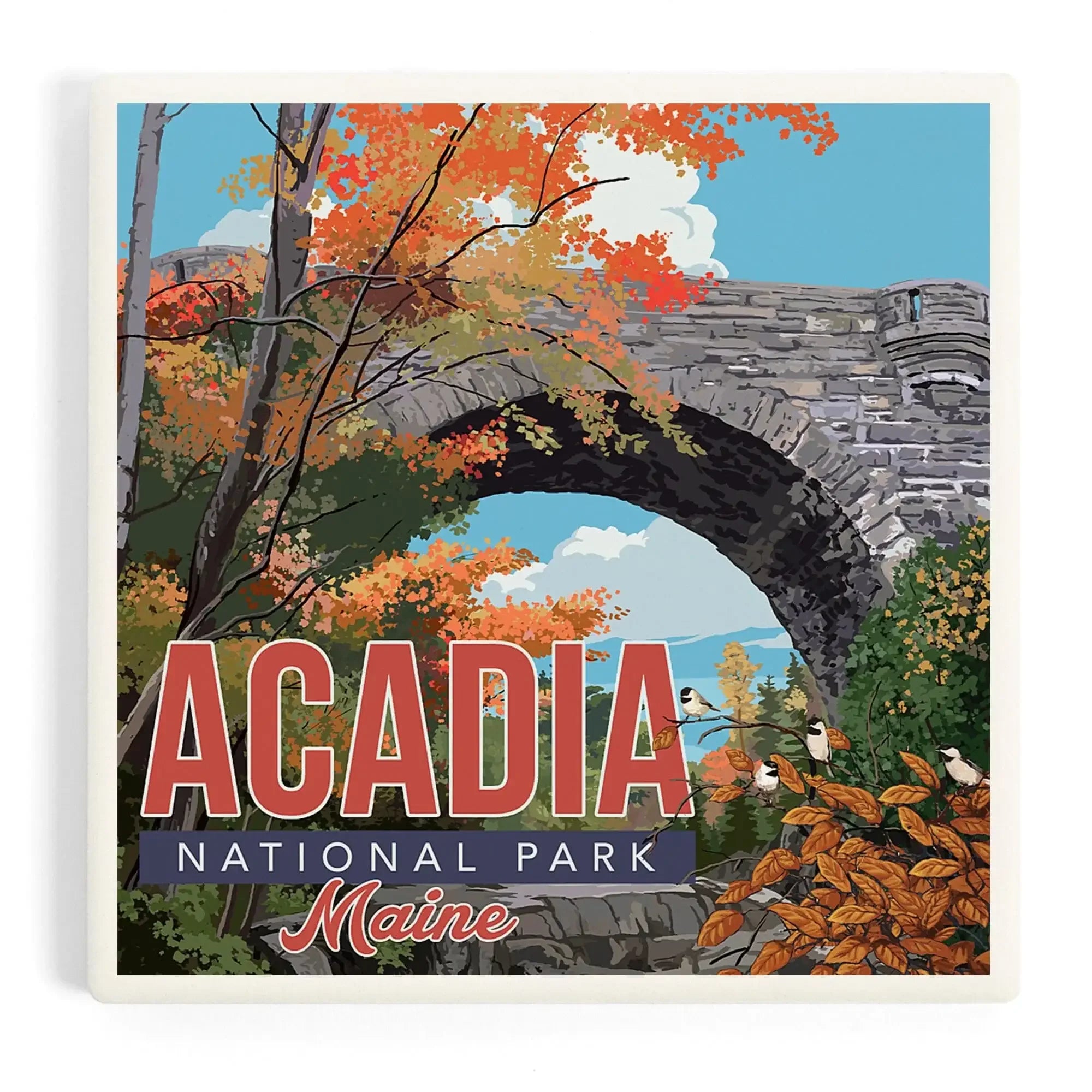 Acadia National Park, Maine, Stone Bridge Illustration ceramic coaster ...