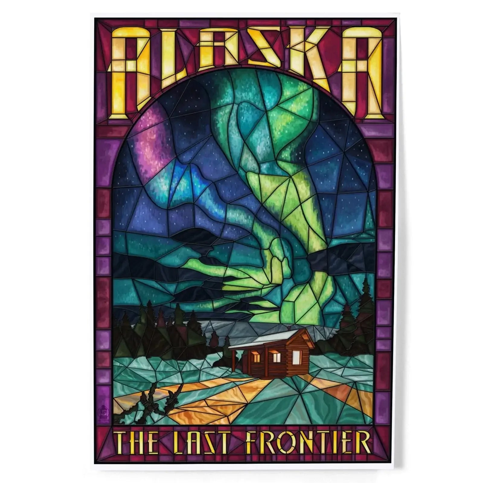 Alaska, Cabin and Northern Lights Stained Glass art prints, metal signs ...