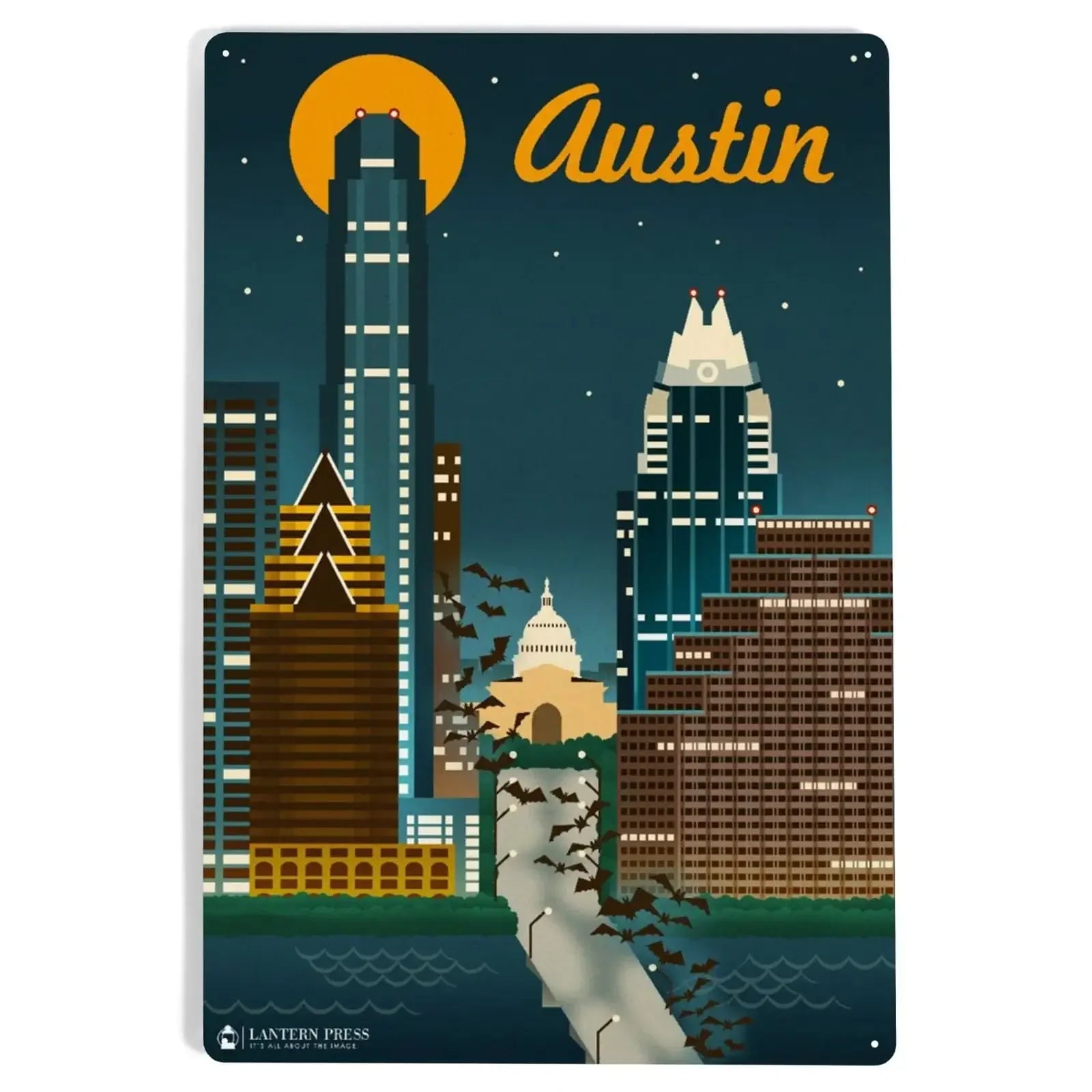 Austin, Retro Skyline metal signs – Lantern Press