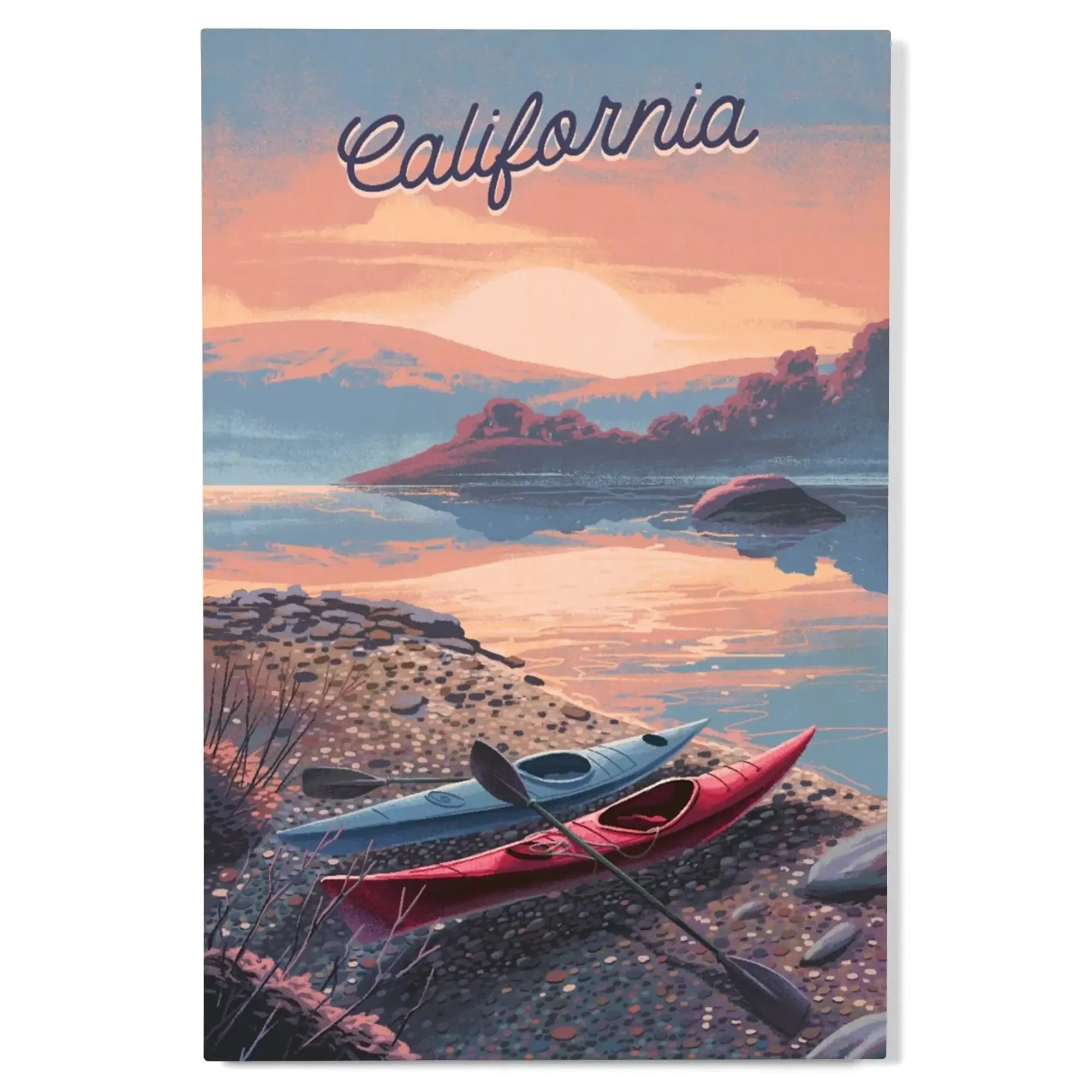 California, Glassy Sunrise, Kayak wood signs and postcards – Lantern Press