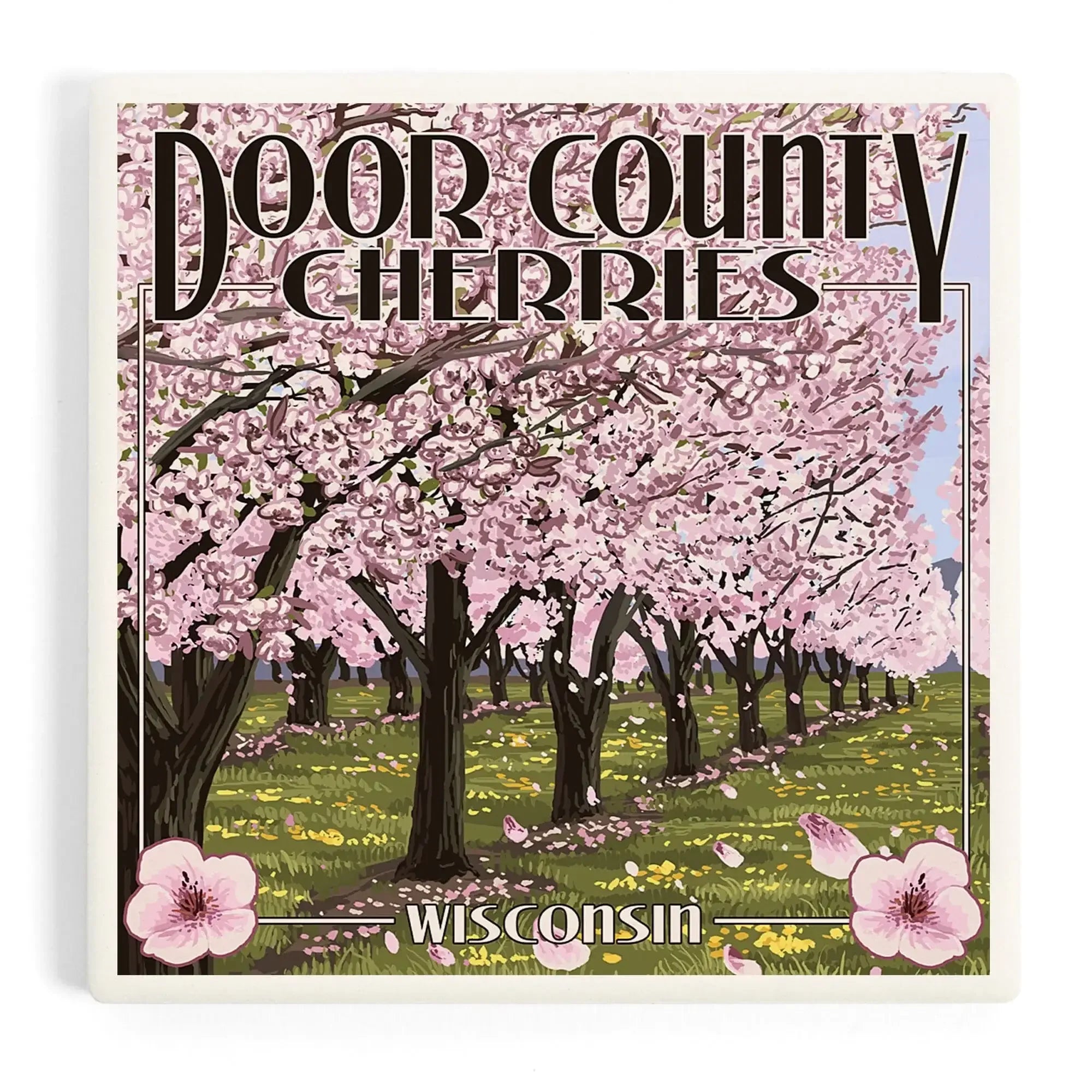 Door County, Wisconsin, Cherry Blossoms ceramic coaster set – Lantern Press