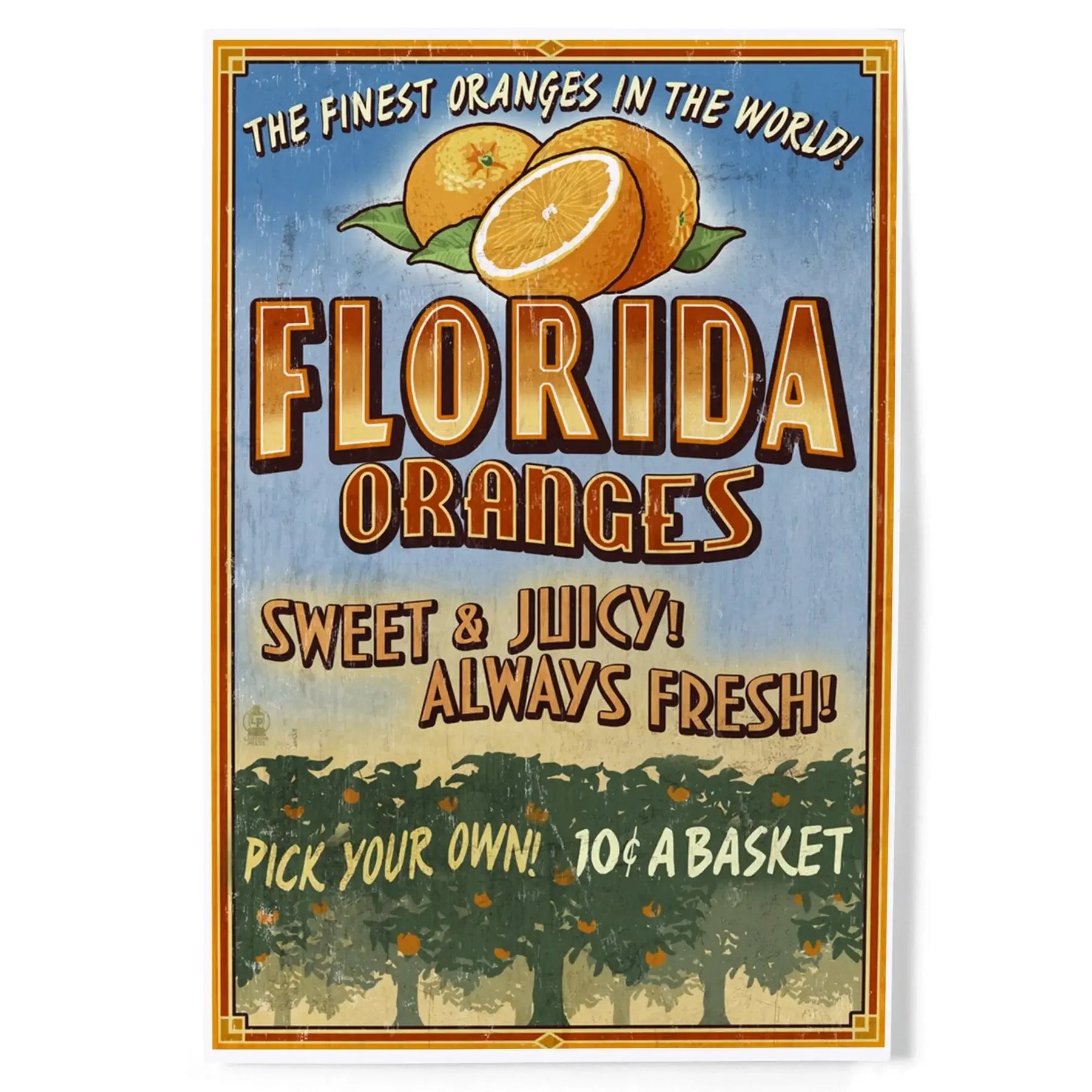 Florida, Orange Grove Vintage Sign art prints, metal signs – Lantern Press