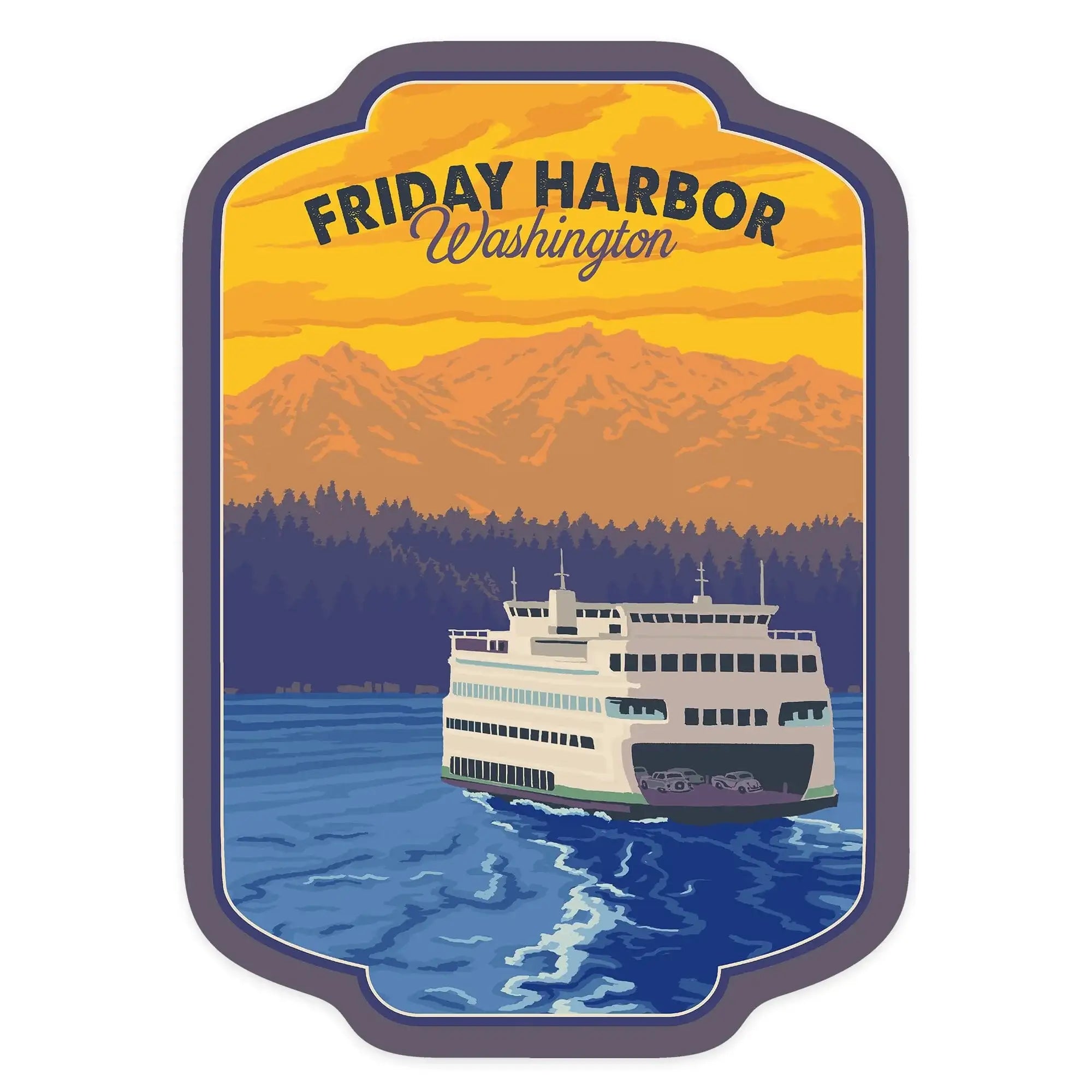 Friday Harbor, Washington, Ferry and Mountains, Contour, outdoor vinyl ...