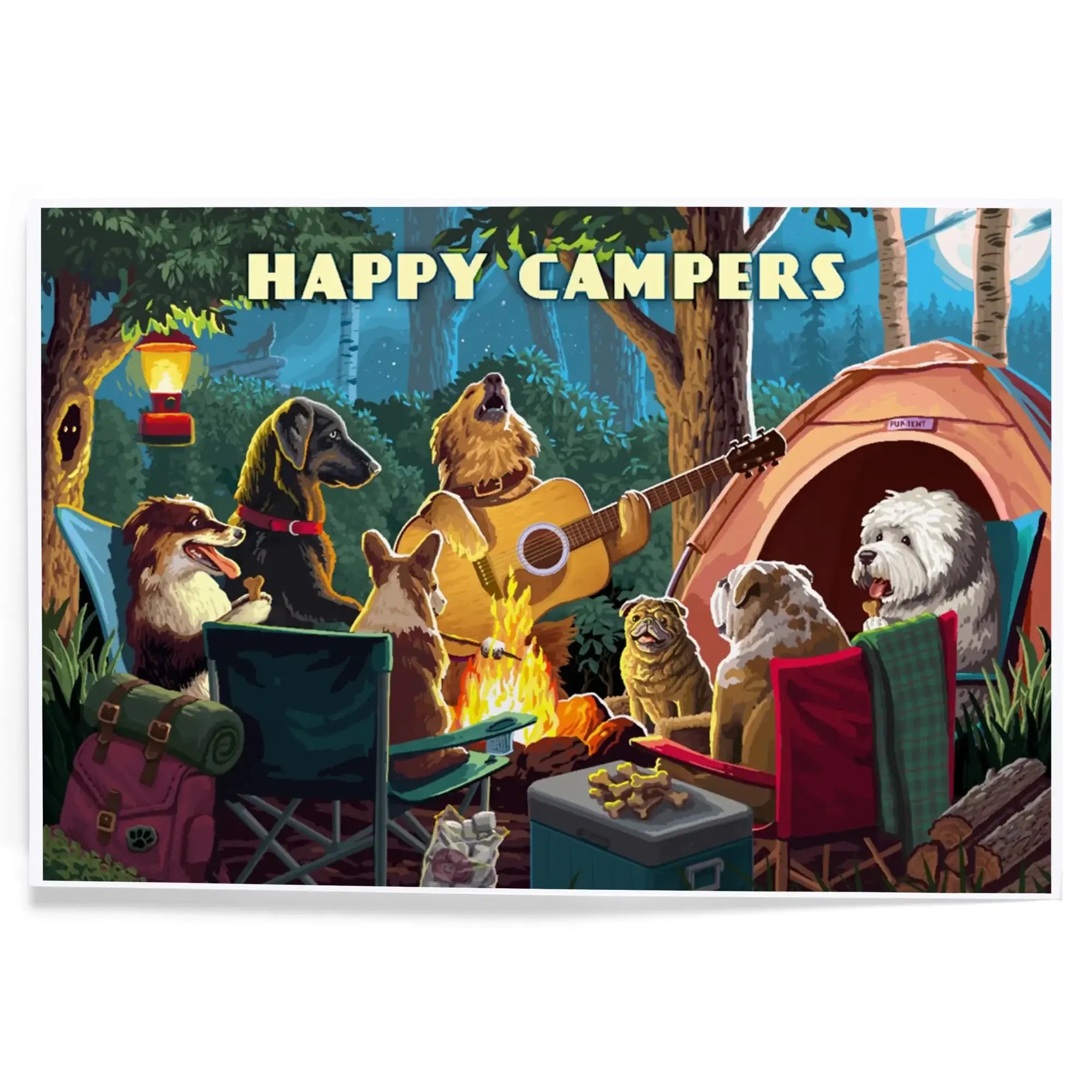 Happy Campers, Painterly, Pack Life, Dogs Around Campfire art & giclee ...