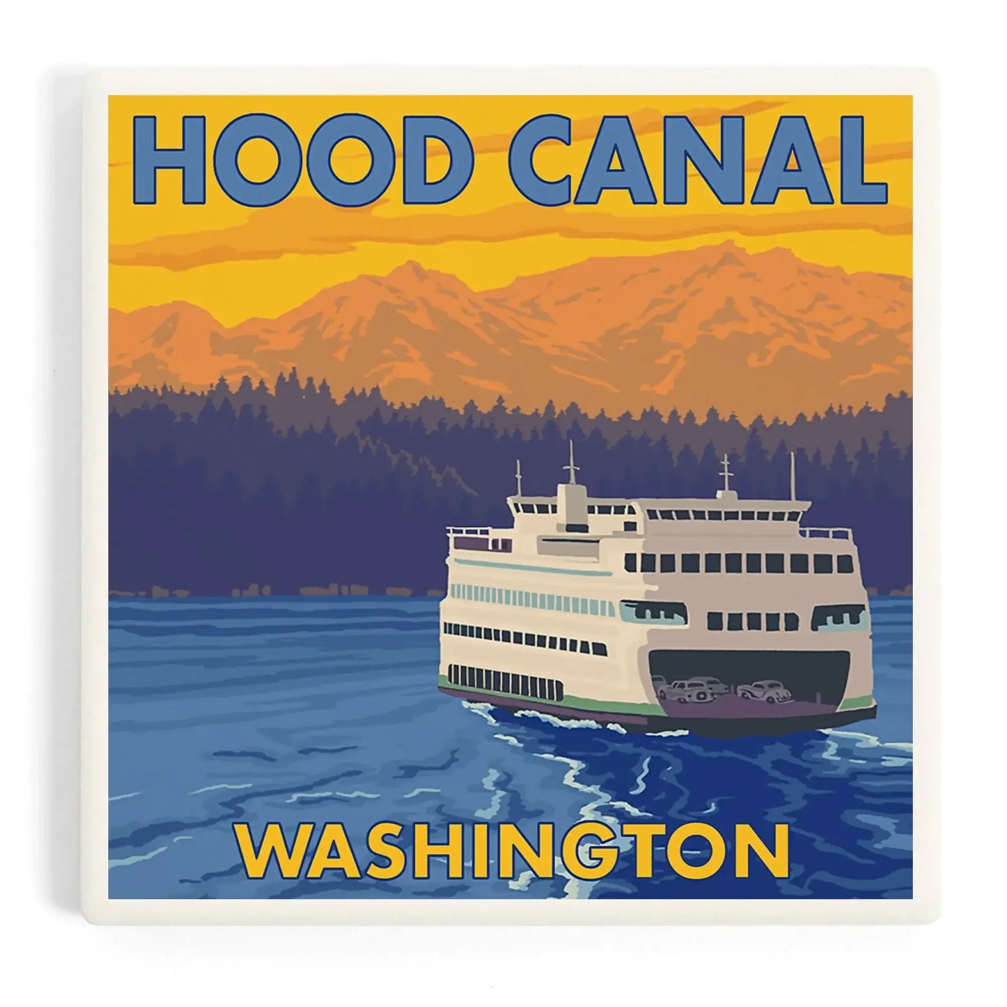Hood Canal, Washington, Ferry and Mountains ceramic coaster set ...