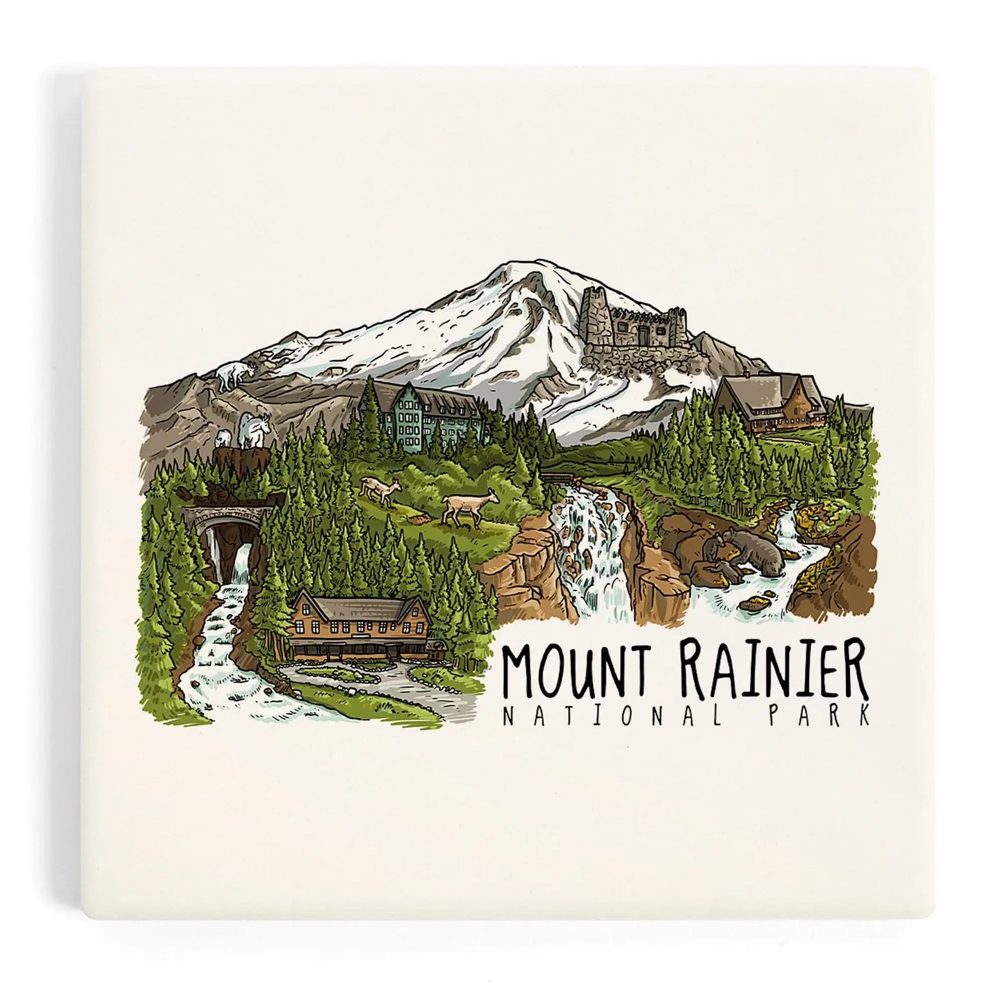 Mount Rainier National Park, Washington, Line Drawing, Waterfalls ...
