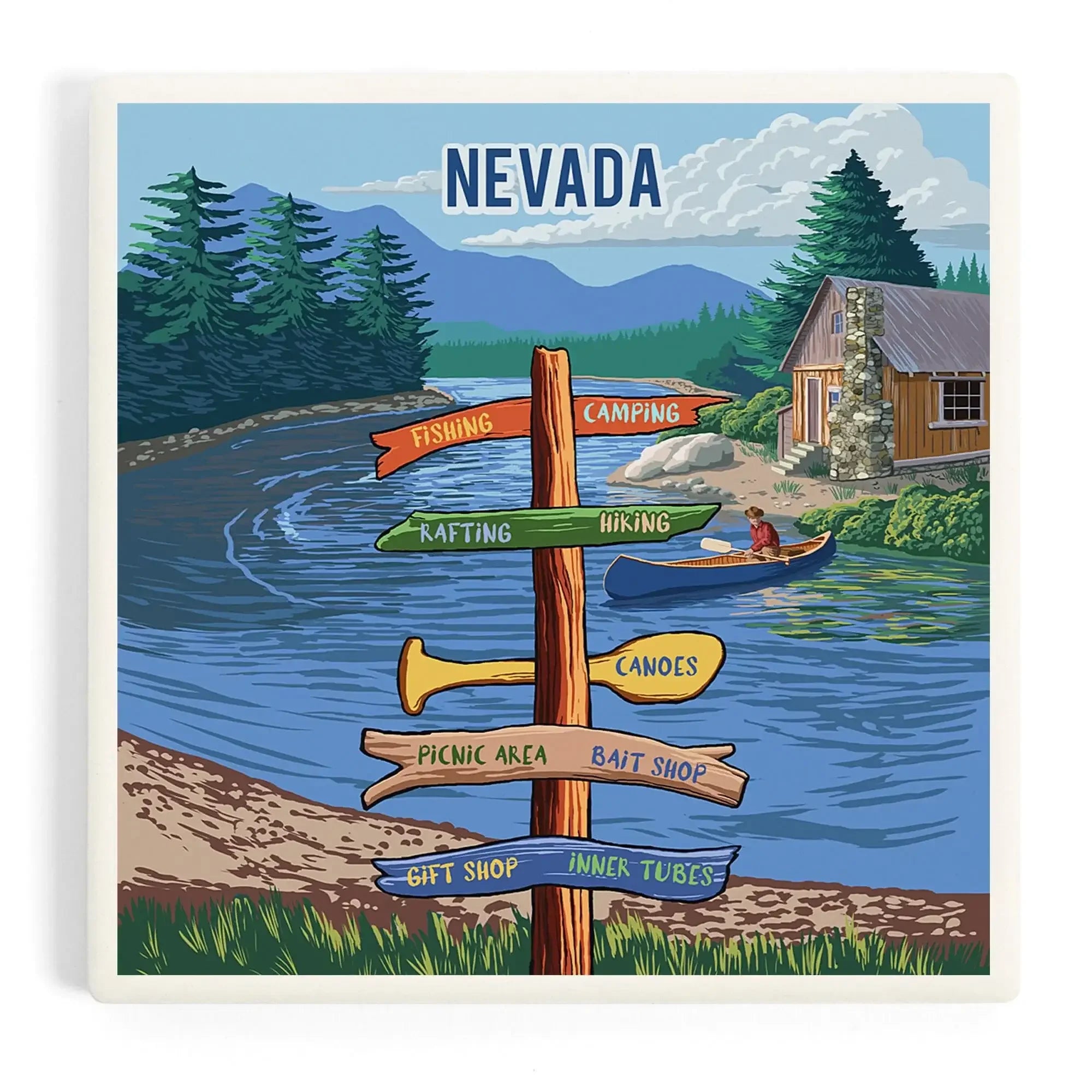 Nevada, Signpost, River ceramic coaster set – Lantern Press