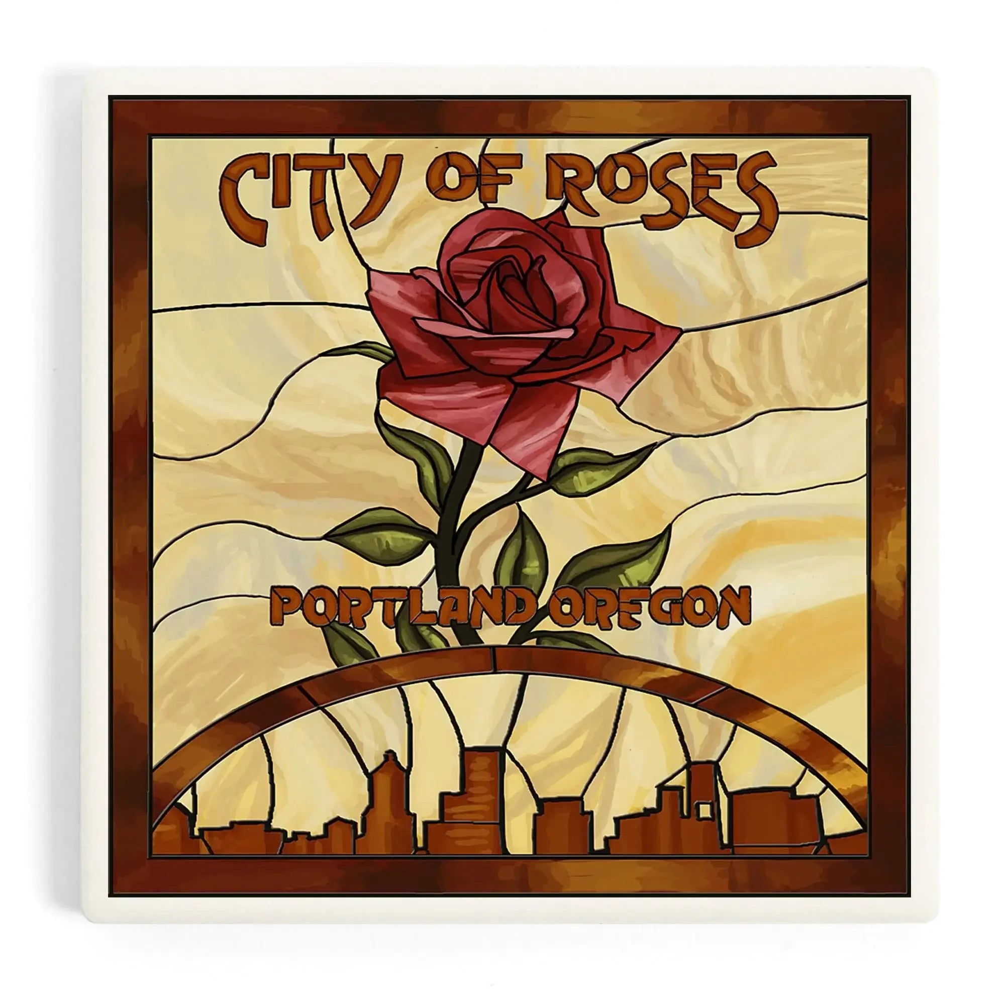 Portland, Oregon, Rose and Skyline Stained Glass ceramic coaster set ...