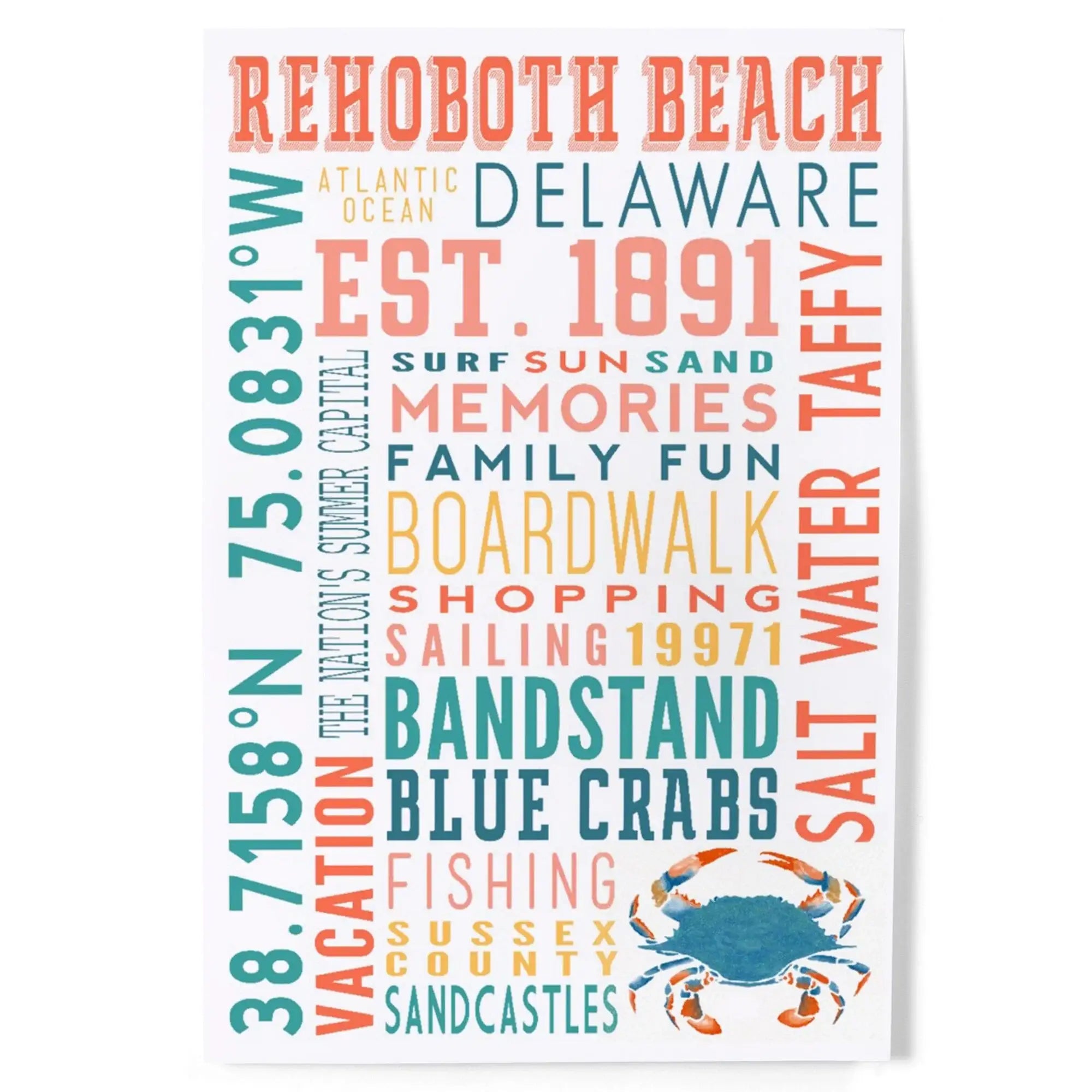 Rehoboth Beach, Delaware, Typography Stacked Series art prints, metal ...