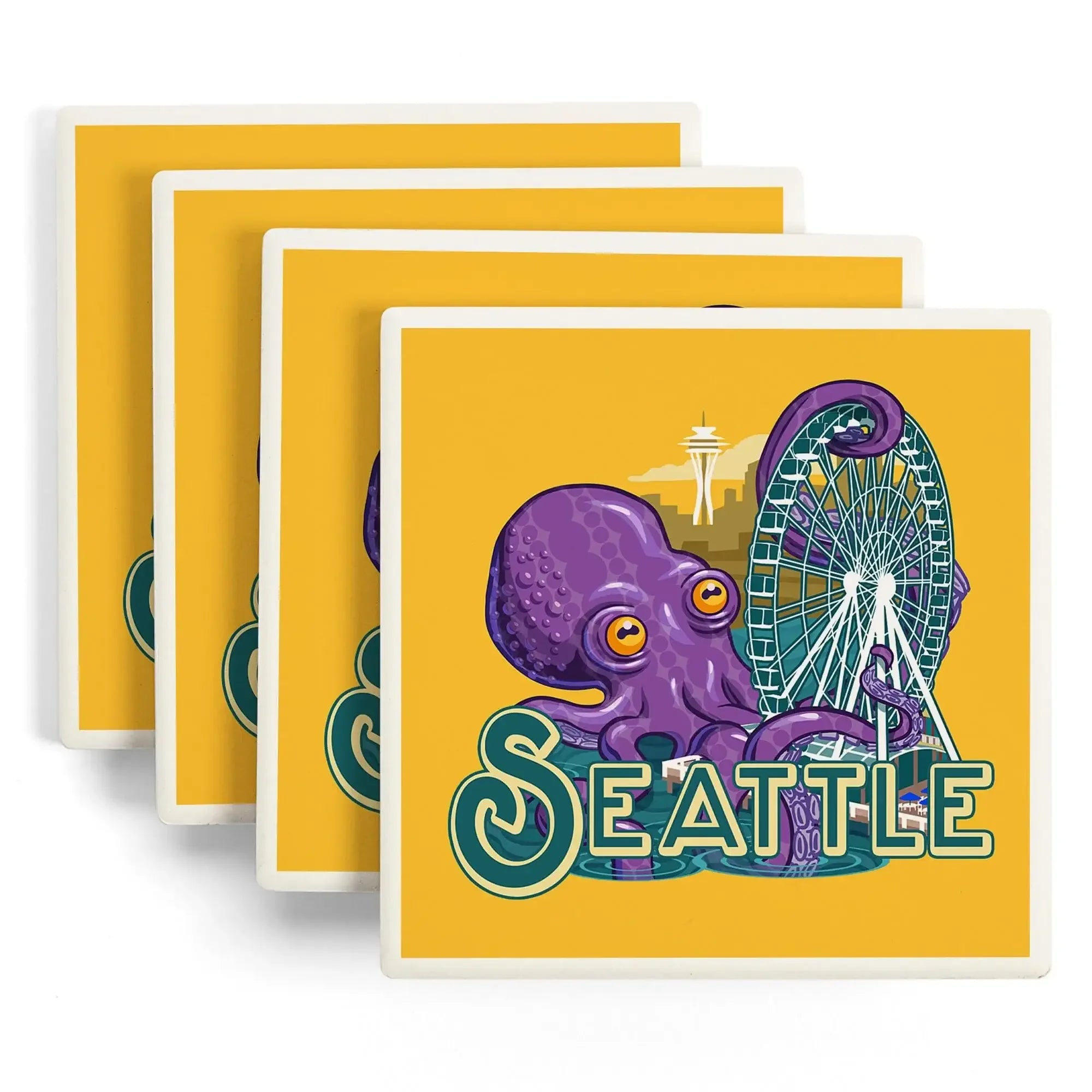 Seattle, Washington, Giant Octopus, ceramic coaster set – Lantern Press