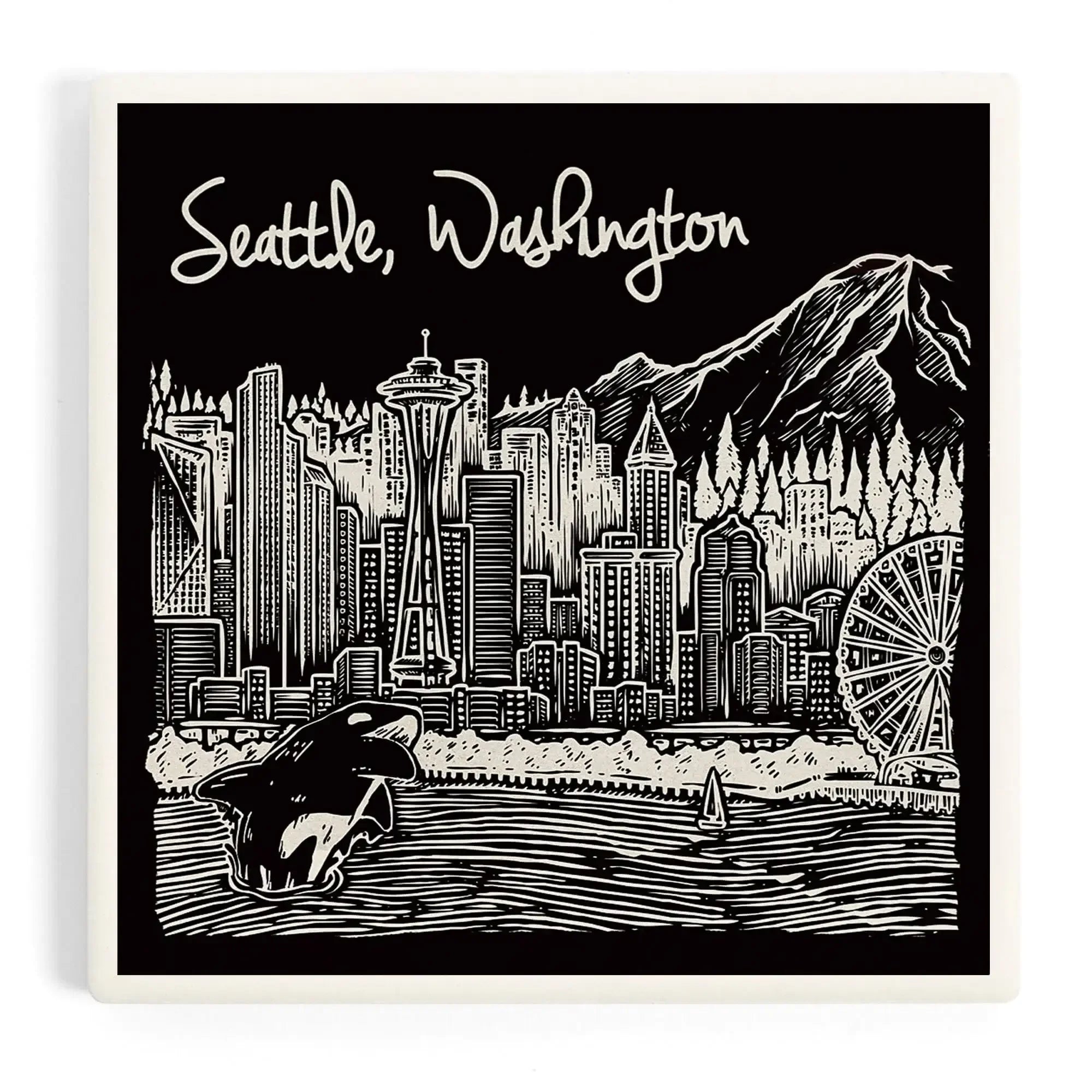 Seattle, Washington, Skyline, Scratchboard, Black and White ceramic ...
