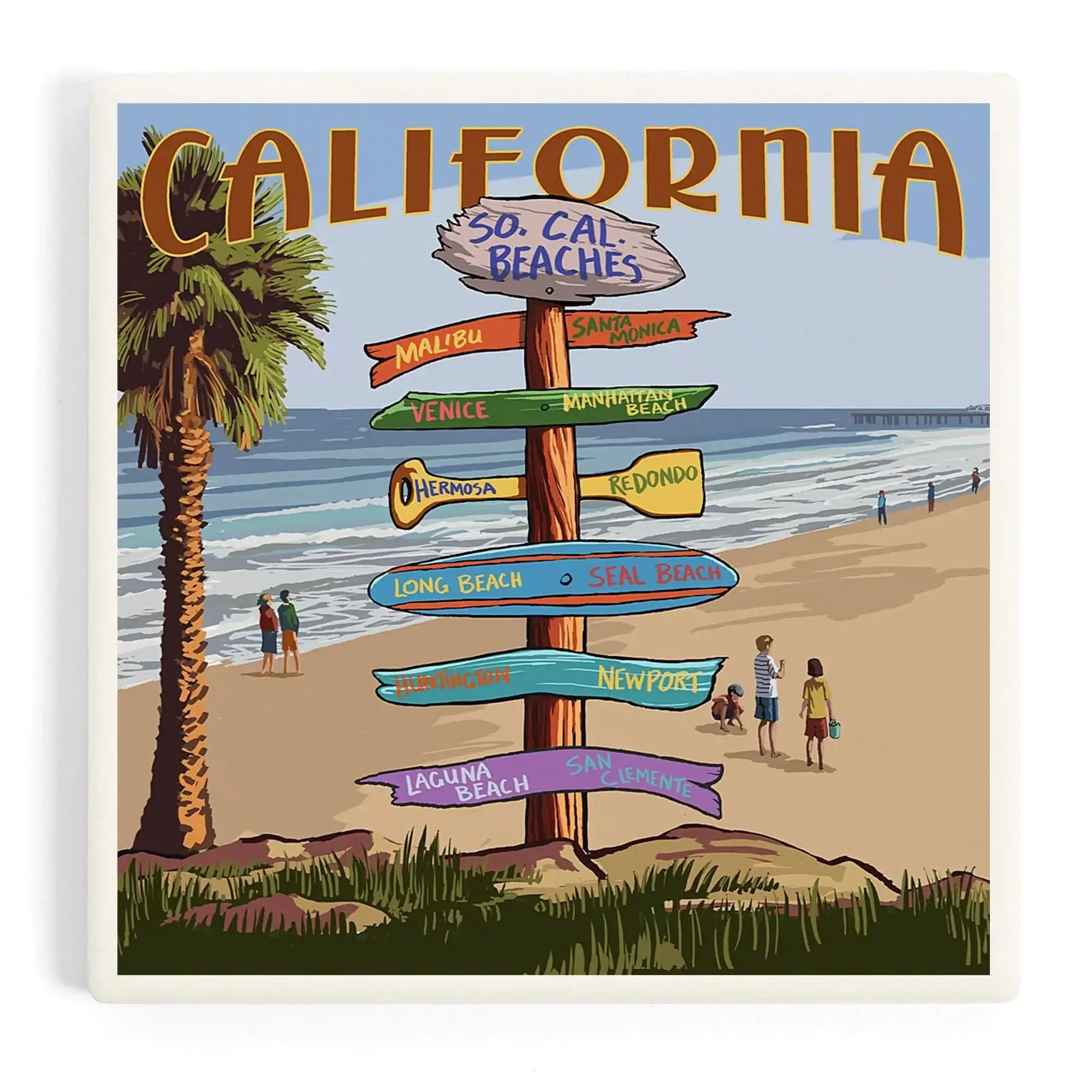 Southern California Beaches, Destinations Sign ceramic coaster set ...