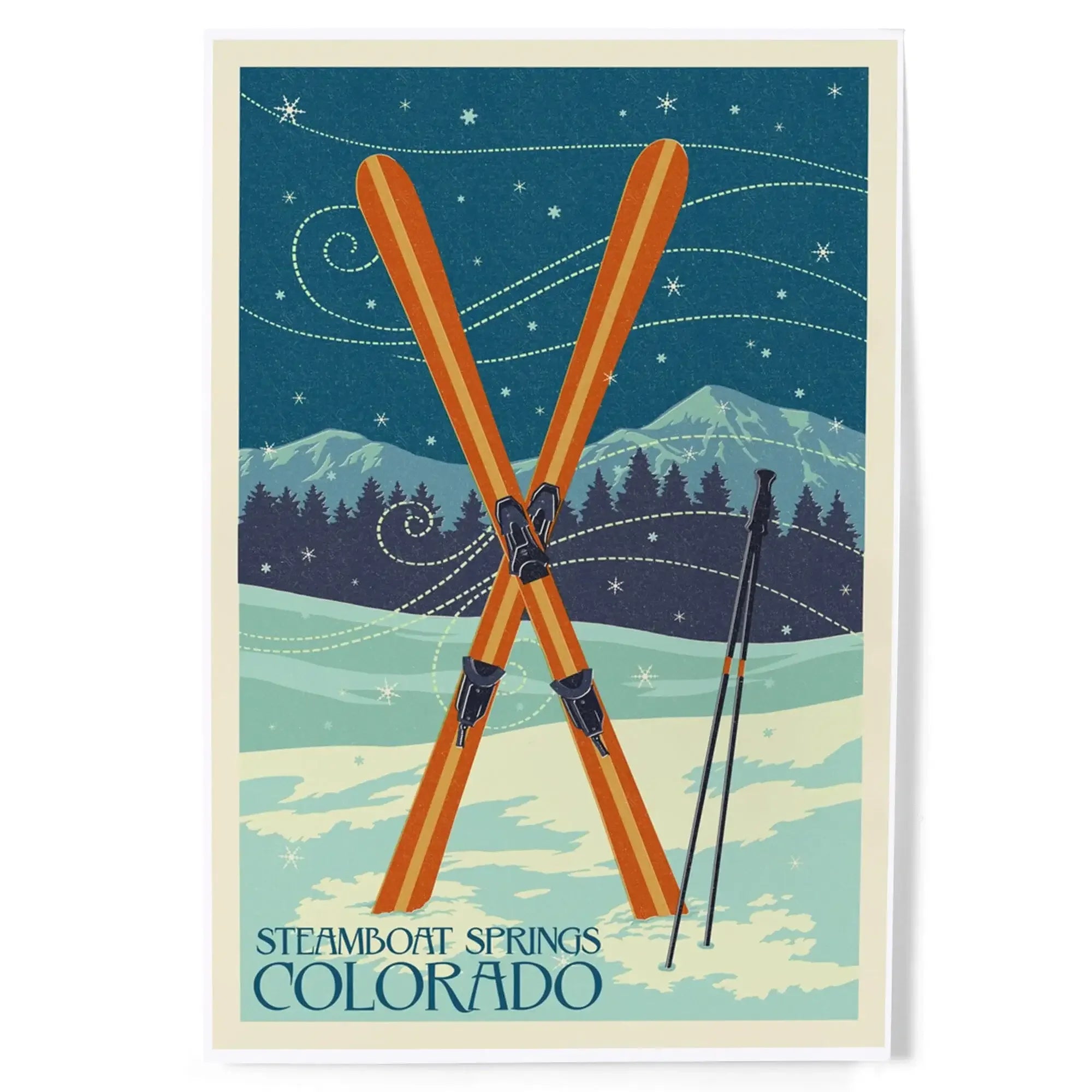 Steamboat Springs, Colorado, Crossed Skis, Letterpress art prints ...