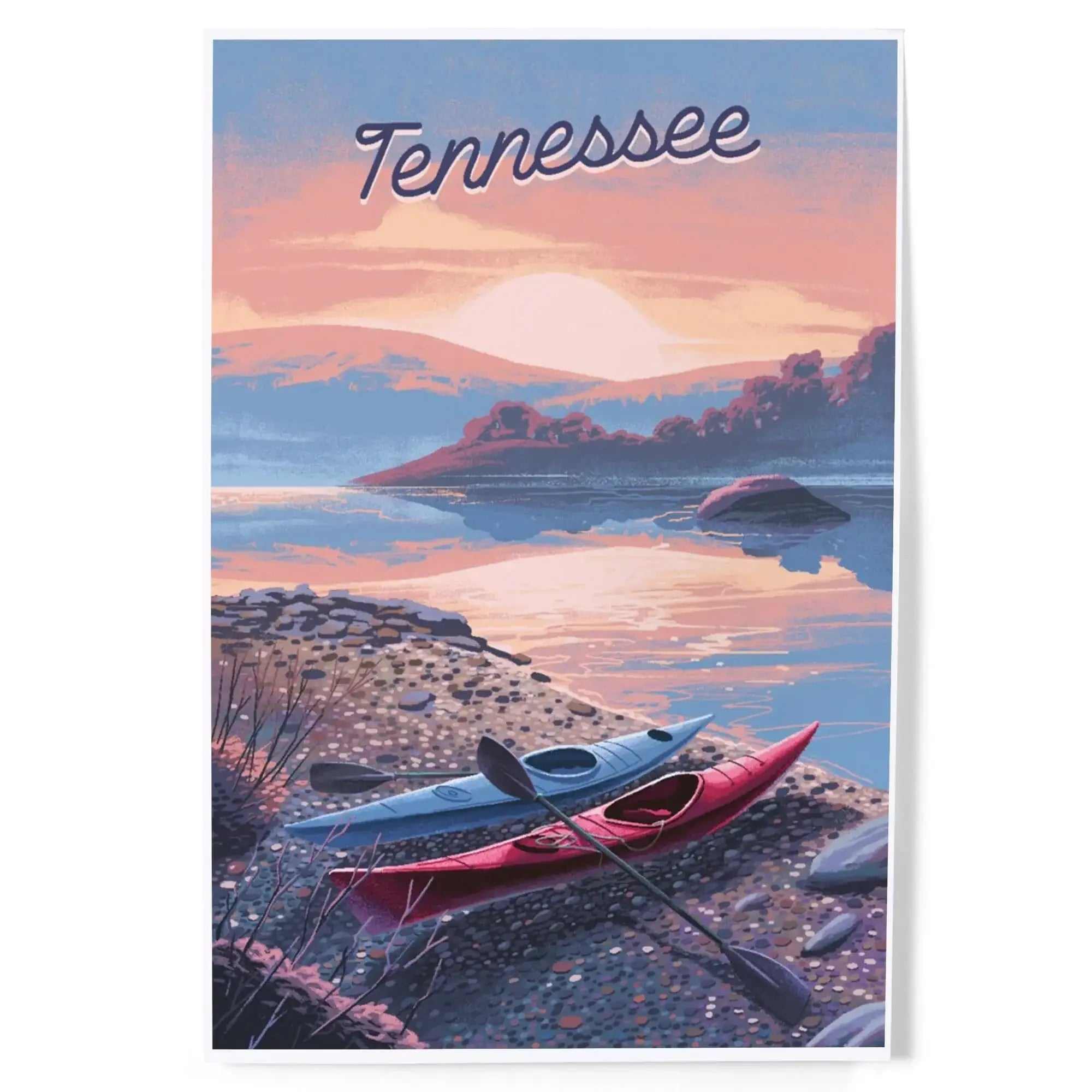Tennessee, Glassy Sunrise, Kayak art prints, metal signs – Lantern Press