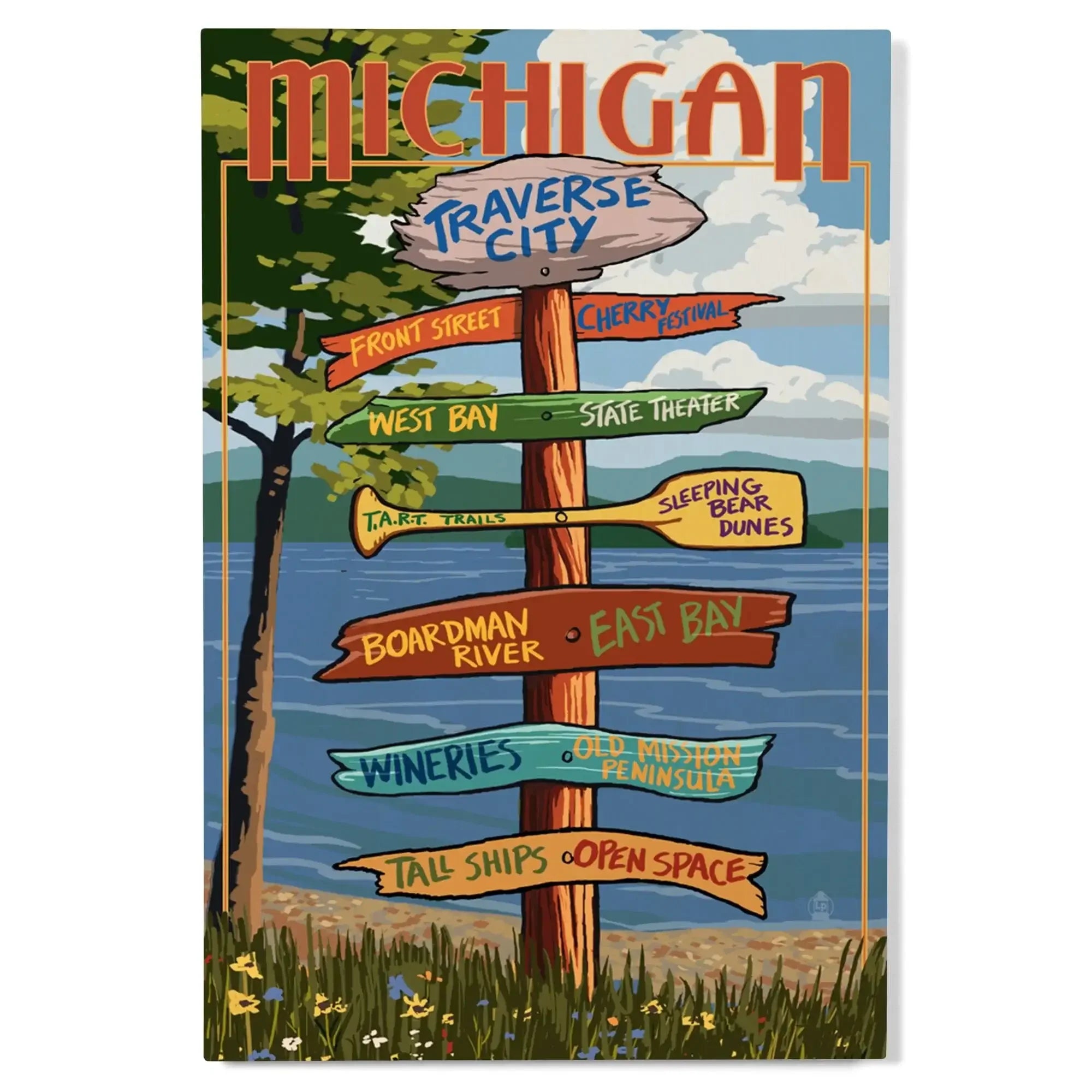 Traverse City, Michigan, Destinations Sign, Lantern Press Artwork, Woo