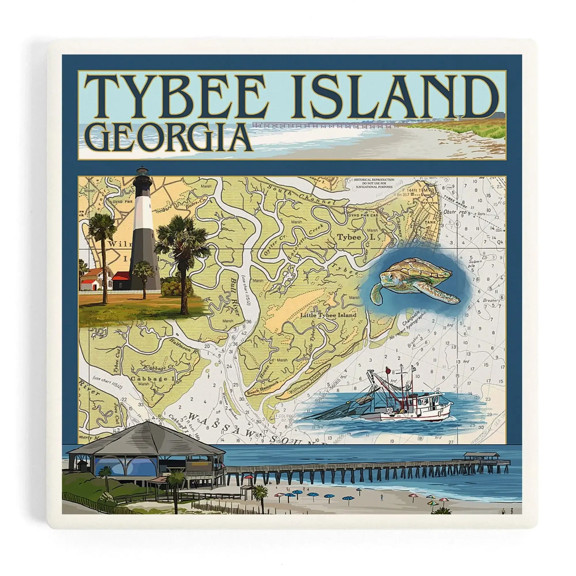 Tybee Island, Georgia, Nautical Chart ceramic coaster set – Lantern Press