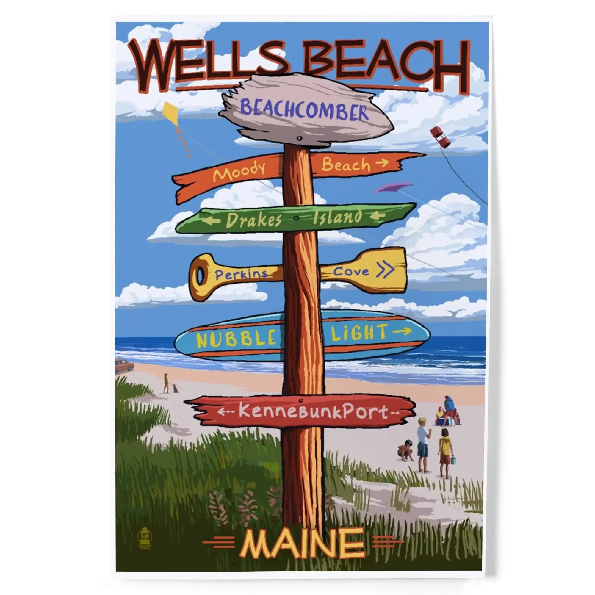 Wells, Maine, Wells Beach, Signpost art prints, metal signs – Lantern Press