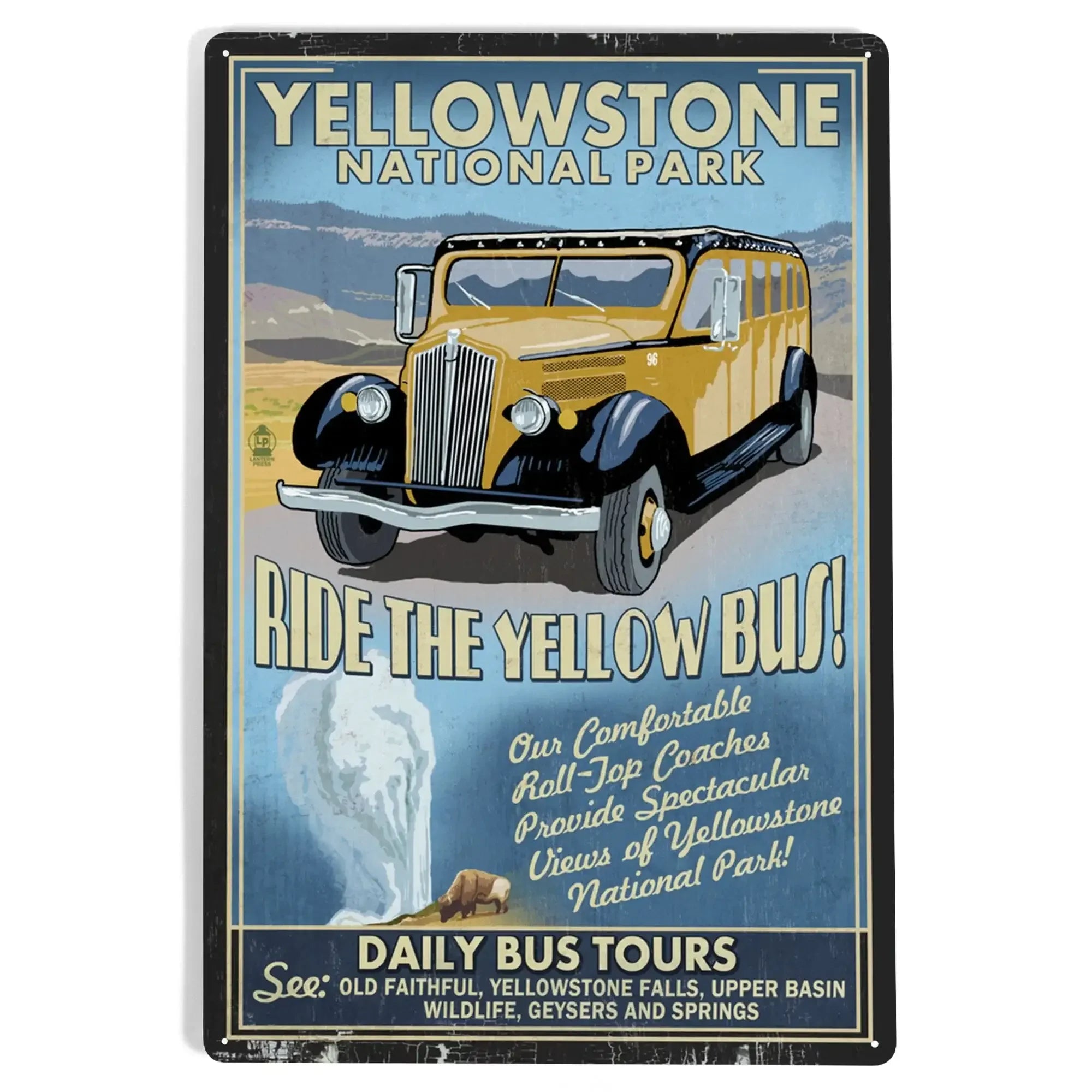 Yellowstone National Park, Wyoming, Vintage Sign, Yellow Bus metal ...